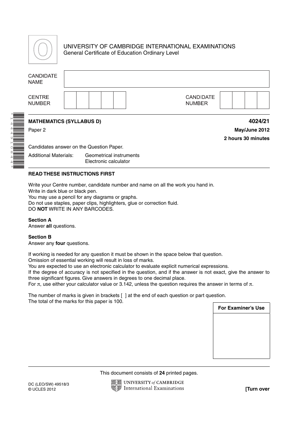 May/June 2012 University of Cambridge International Examinations ...