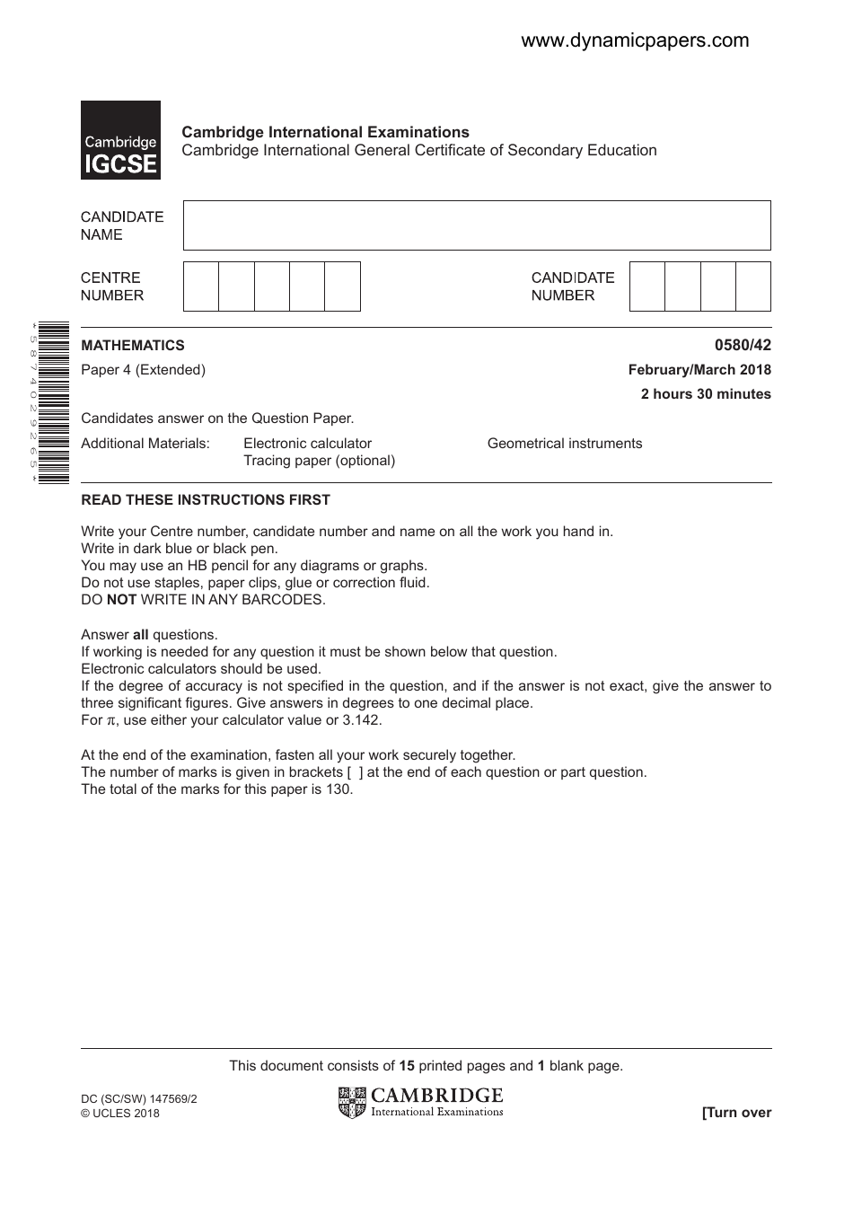Cambridge International Examinations: Mathematics Paper 4 (Extended) Download Printable PDF ...