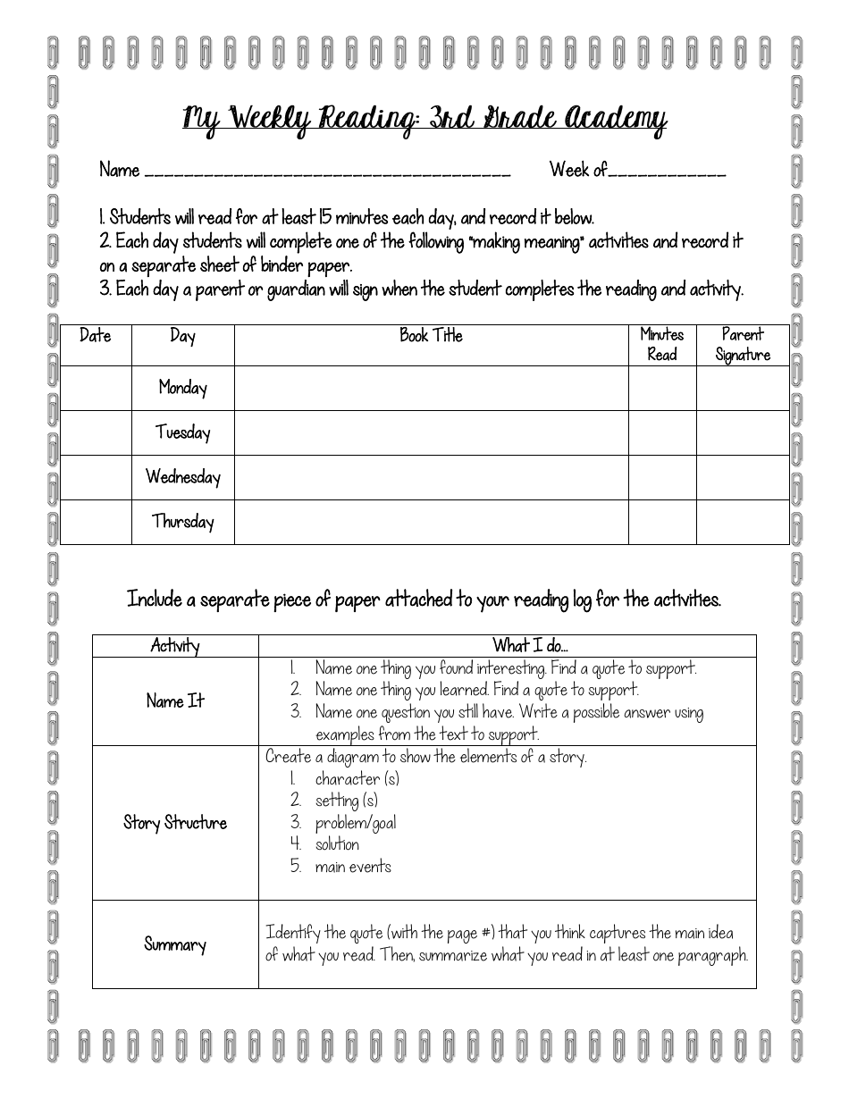 Weekly Reading Planner Template - 3rd Grade Academy Download Printable ...