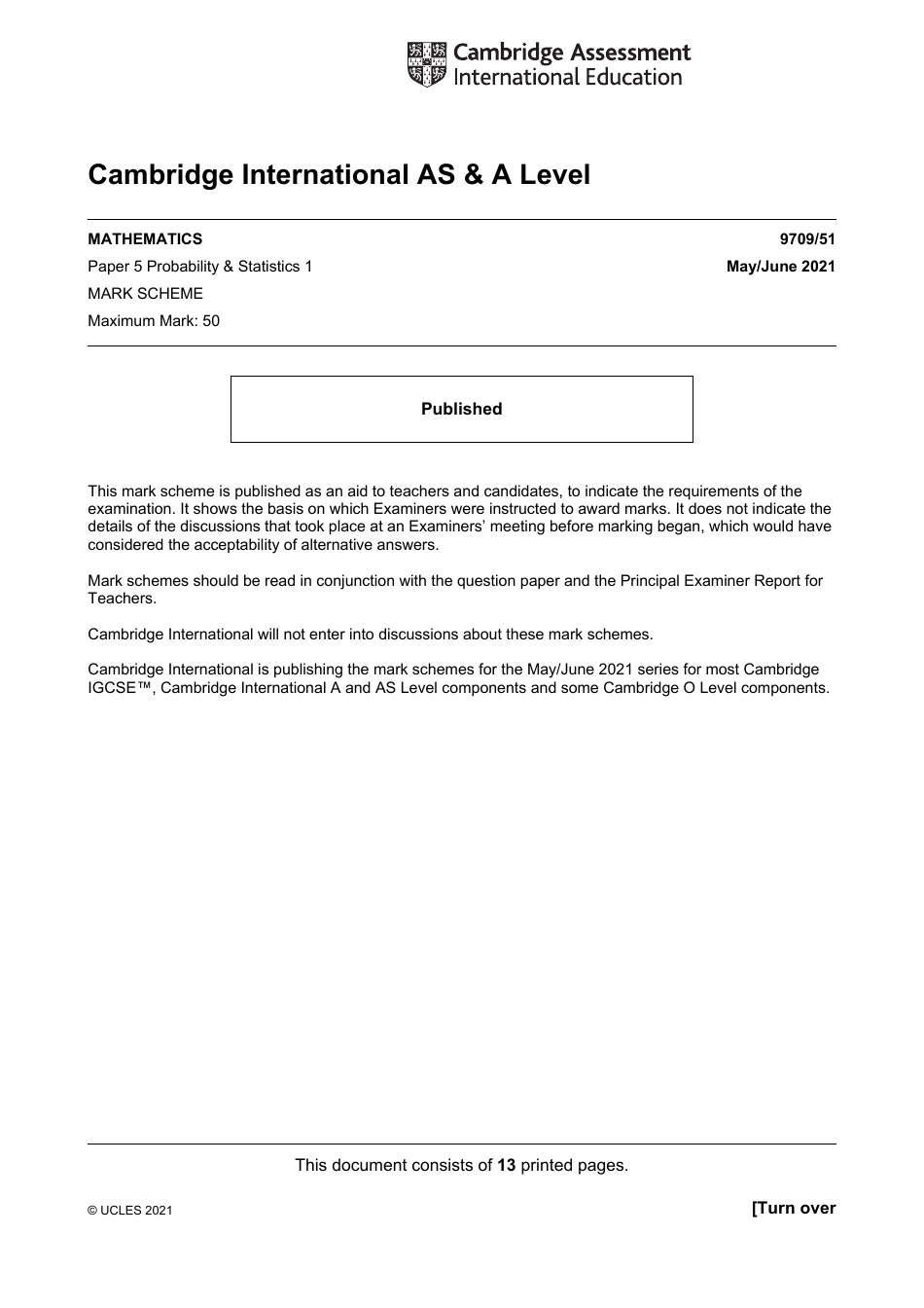 May/June 2021 Cambridge International as & a Level: Mathematics Paper 5 Probability & Statistics ...