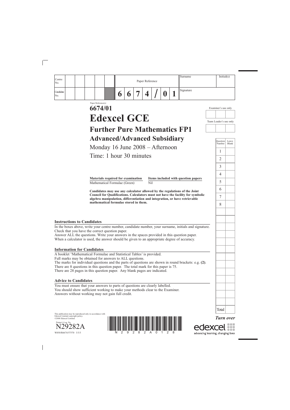 June 2008 Edexcel Gce Further Pure Mathematics Fp1 - Advanced/Advanced ...
