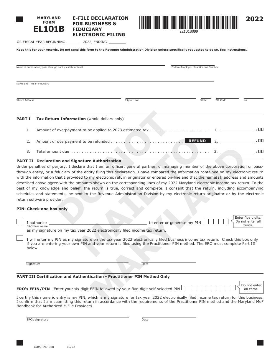 Maryland Form EL101B - 2022 - Fill Out, Sign Online and Download ...