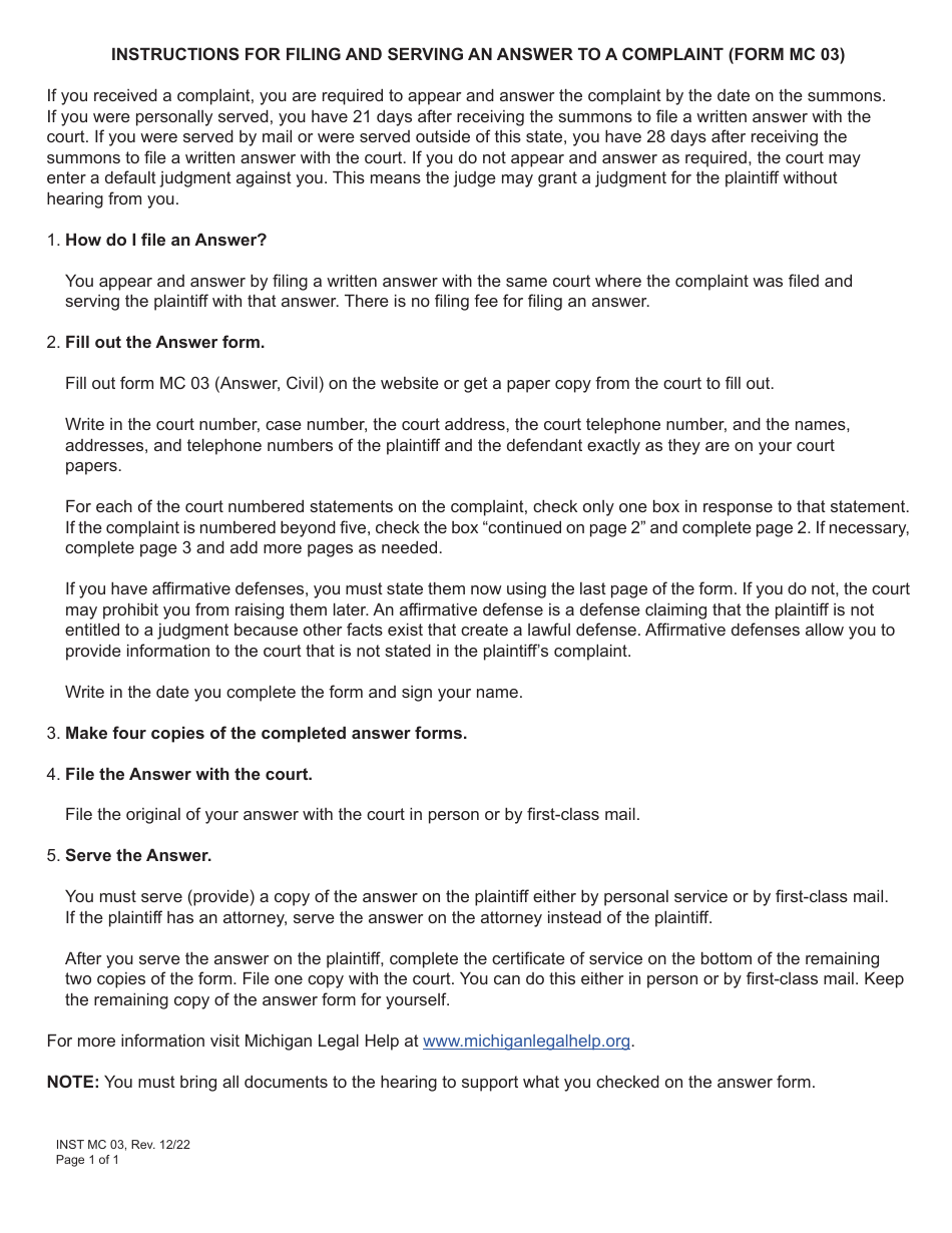 Download Instructions for Form MC03 Answer, Civil PDF | Templateroller