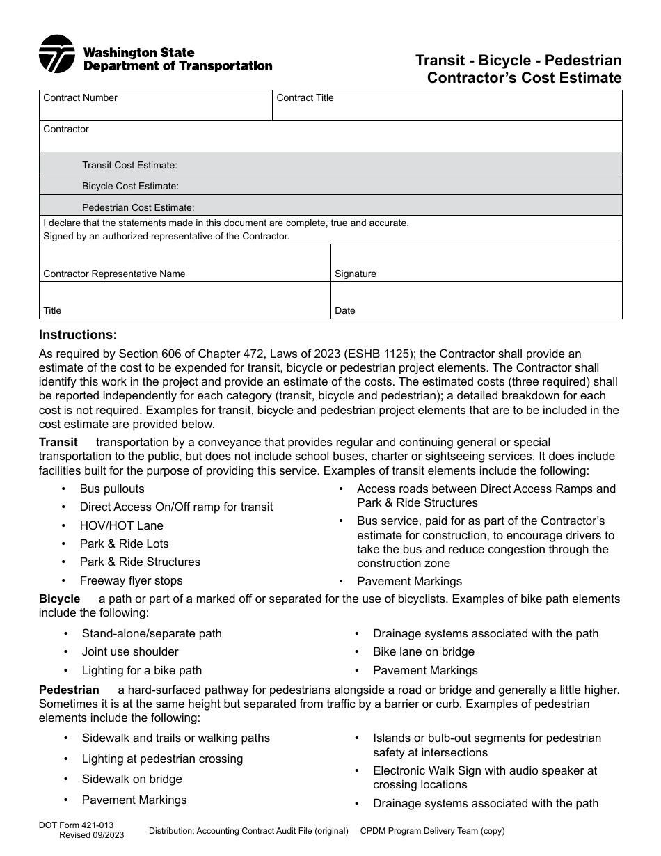 DOT Form 421-013 Download Fillable PDF or Fill Online Transit - Bicycle ...