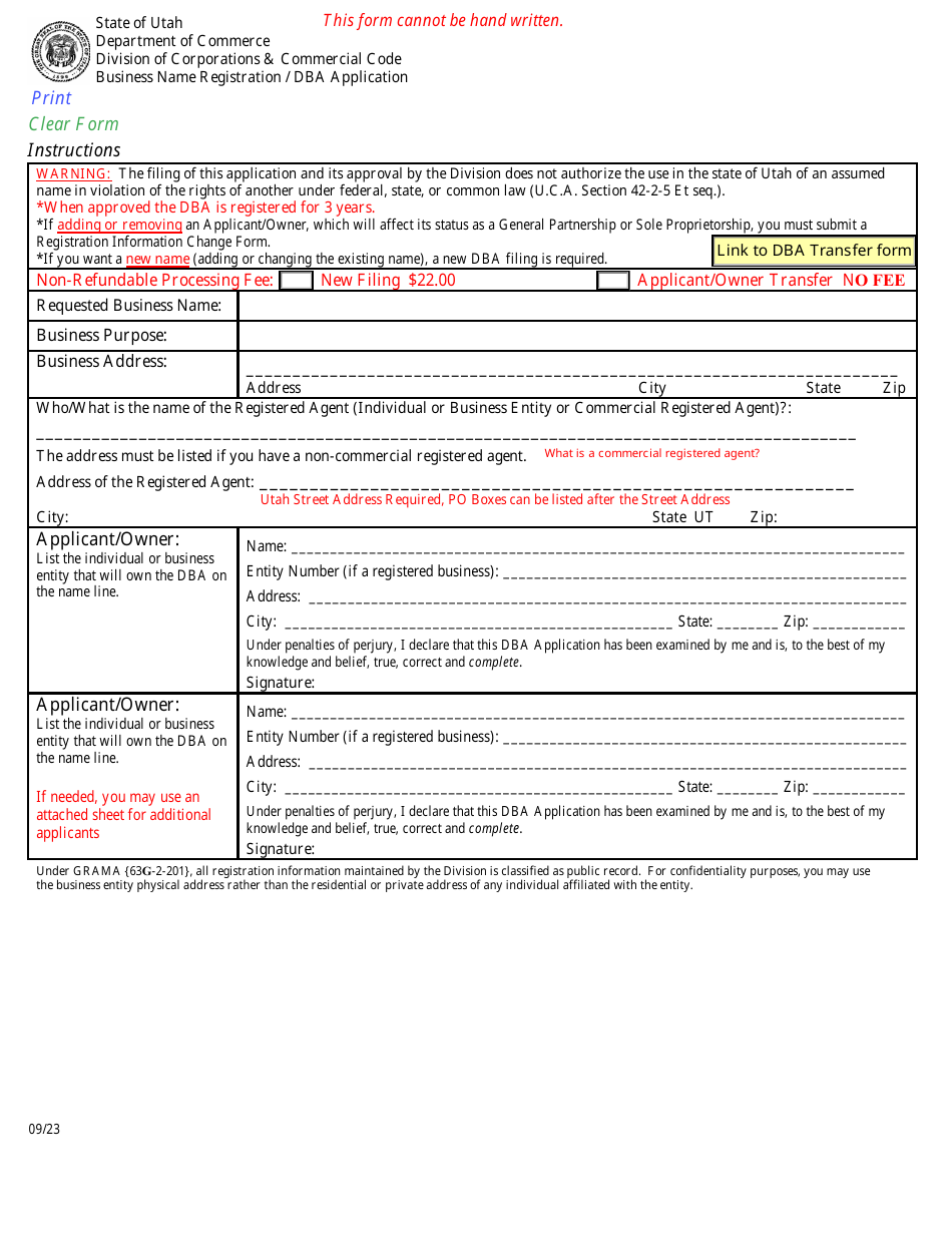 Utah Business Name Registration/Dba Application Download Fillable PDF ...
