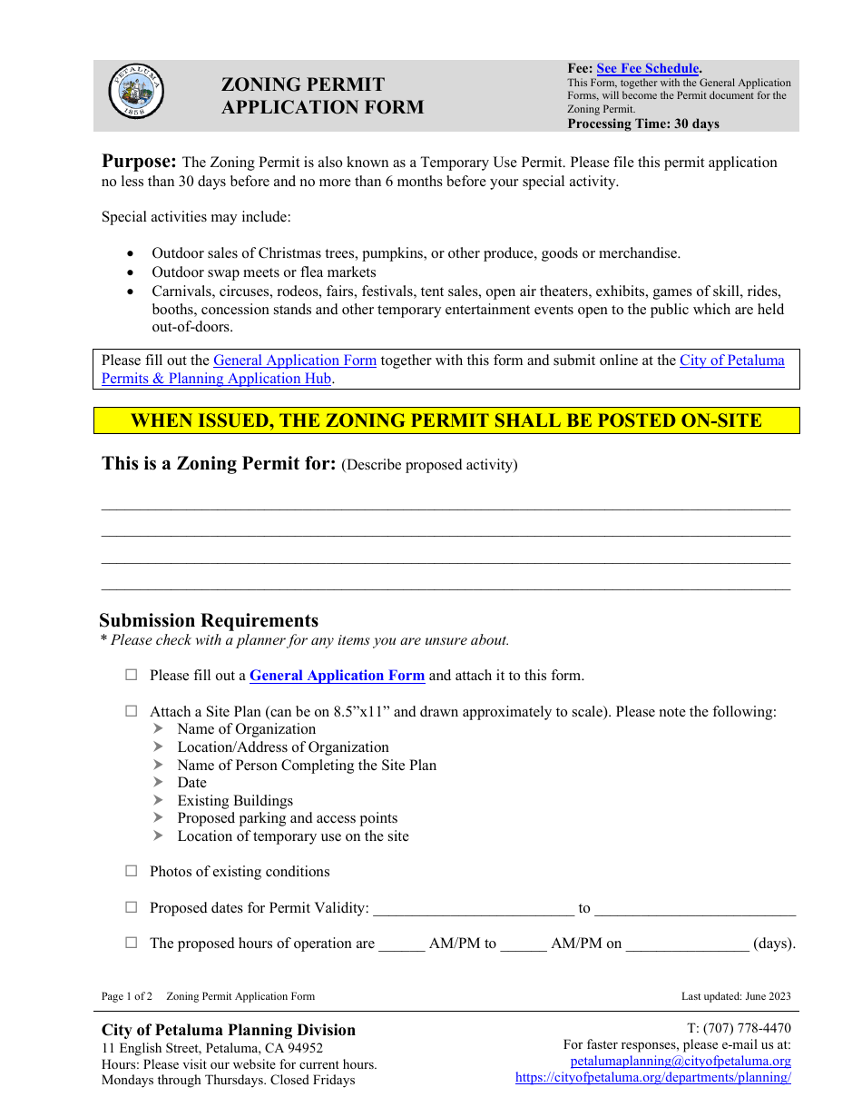 City of Petaluma, California Zoning Permit Application Form Download ...