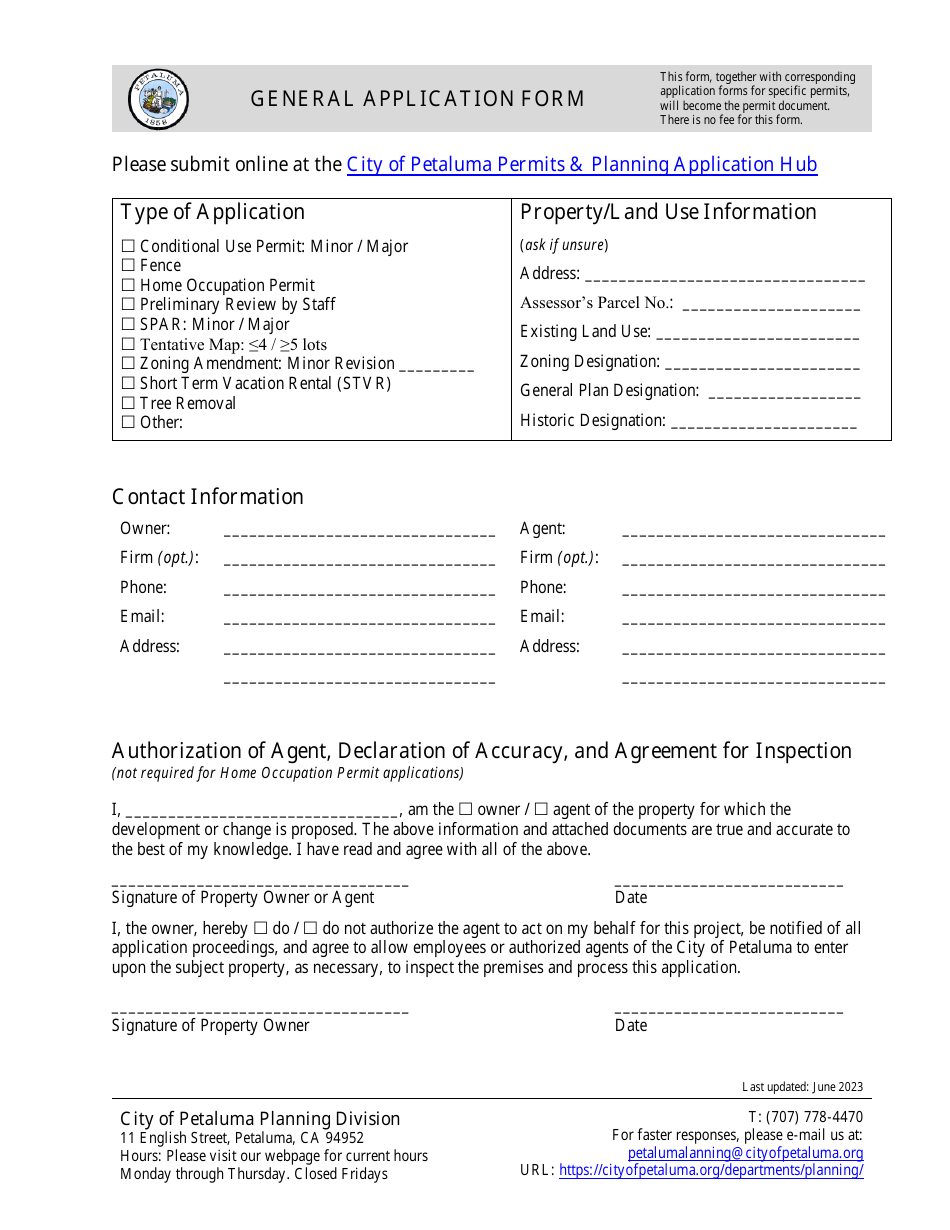 City of Petaluma, California General Application Form Download Fillable ...
