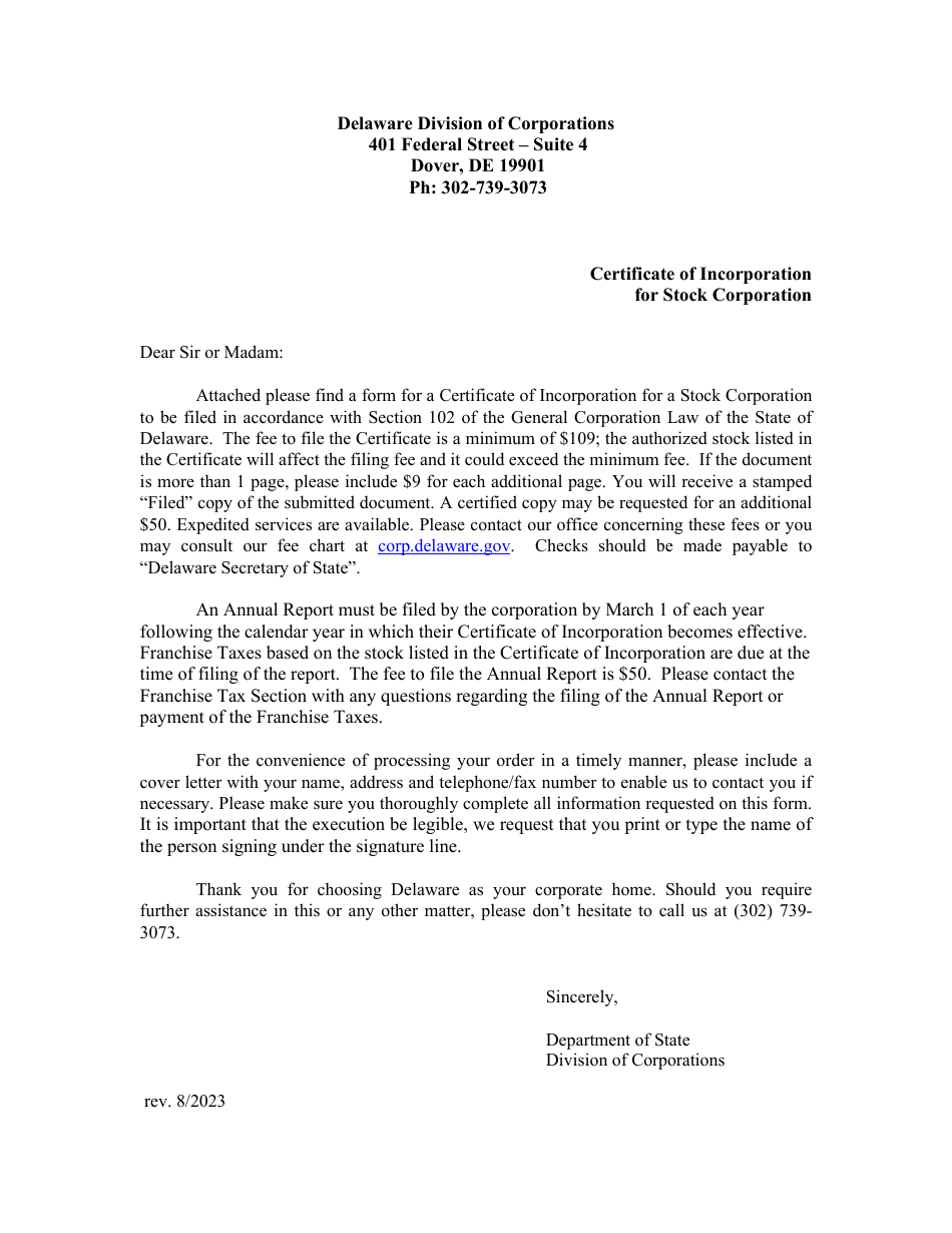 Delaware Certificate of Incorporation for Stock Corporation Download ...