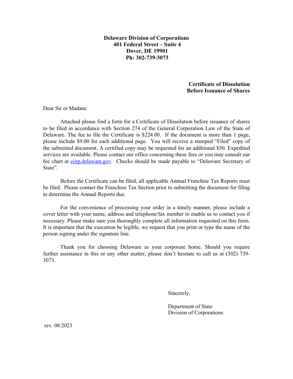 Delaware Certificate of Dissolution Before Issuance of Shares (Section 274) - Fill Out, Sign ...
