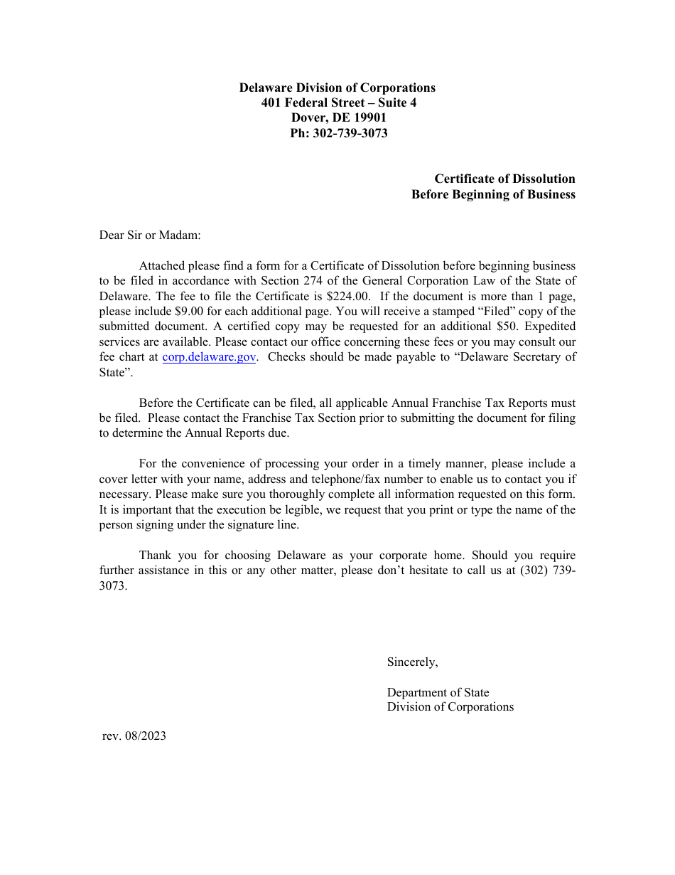 Delaware Certificate of Dissolution Before Beginning Business (Section ...