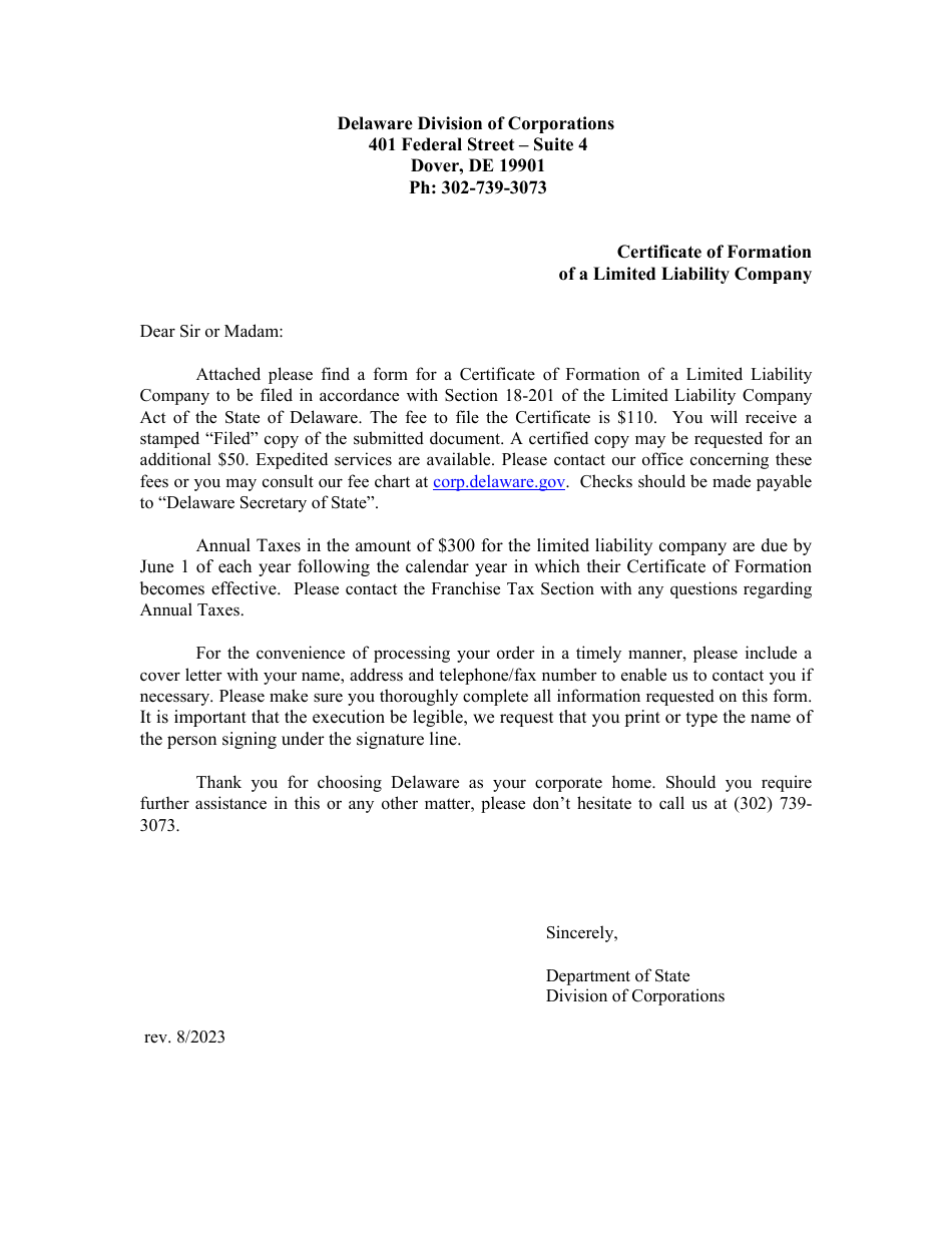 Delaware Certificate of Formation of Limited Liability Company Download ...