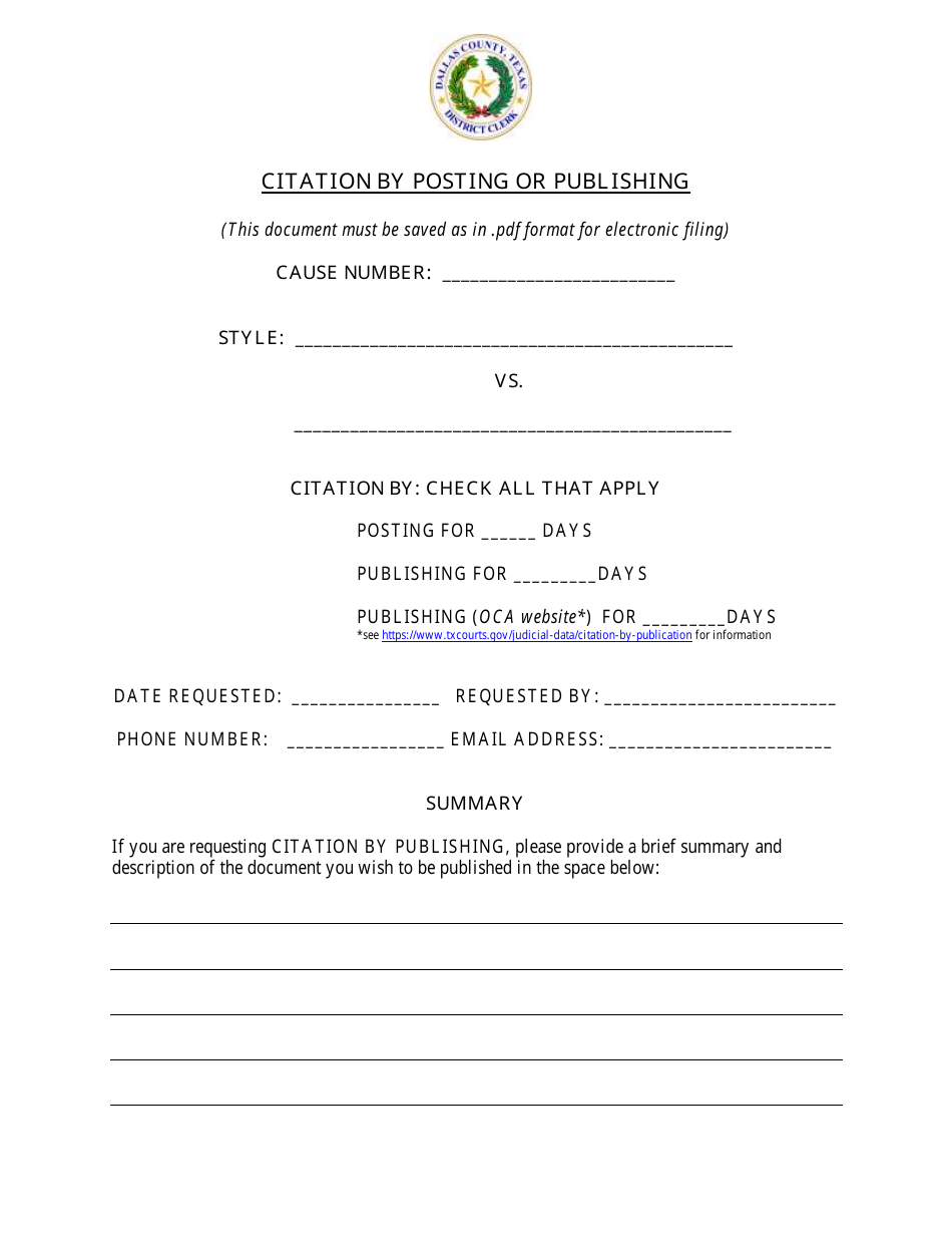 Dallas Countny, Texas Citation by Posting or Publishing - Request ...