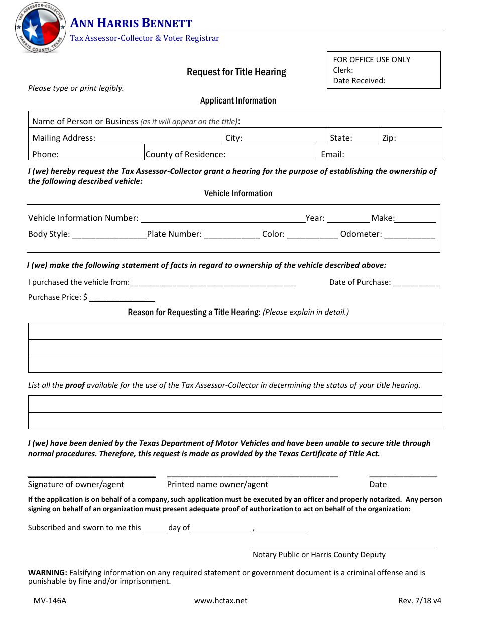 Form MV-146A - Fill Out, Sign Online and Download Fillable PDF, Harris ...