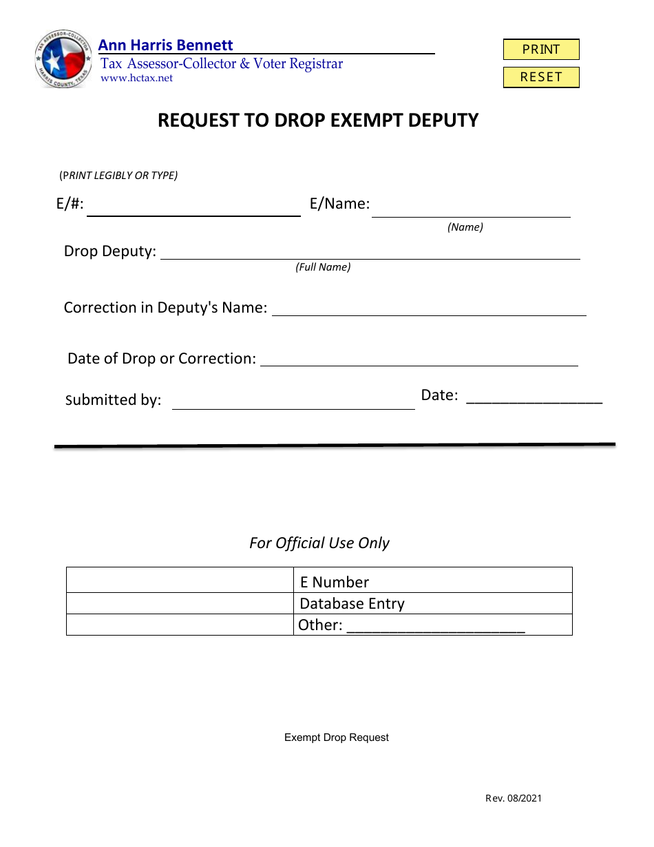 Harris County, Texas Request to Drop Exempt Deputy - Fill Out, Sign ...