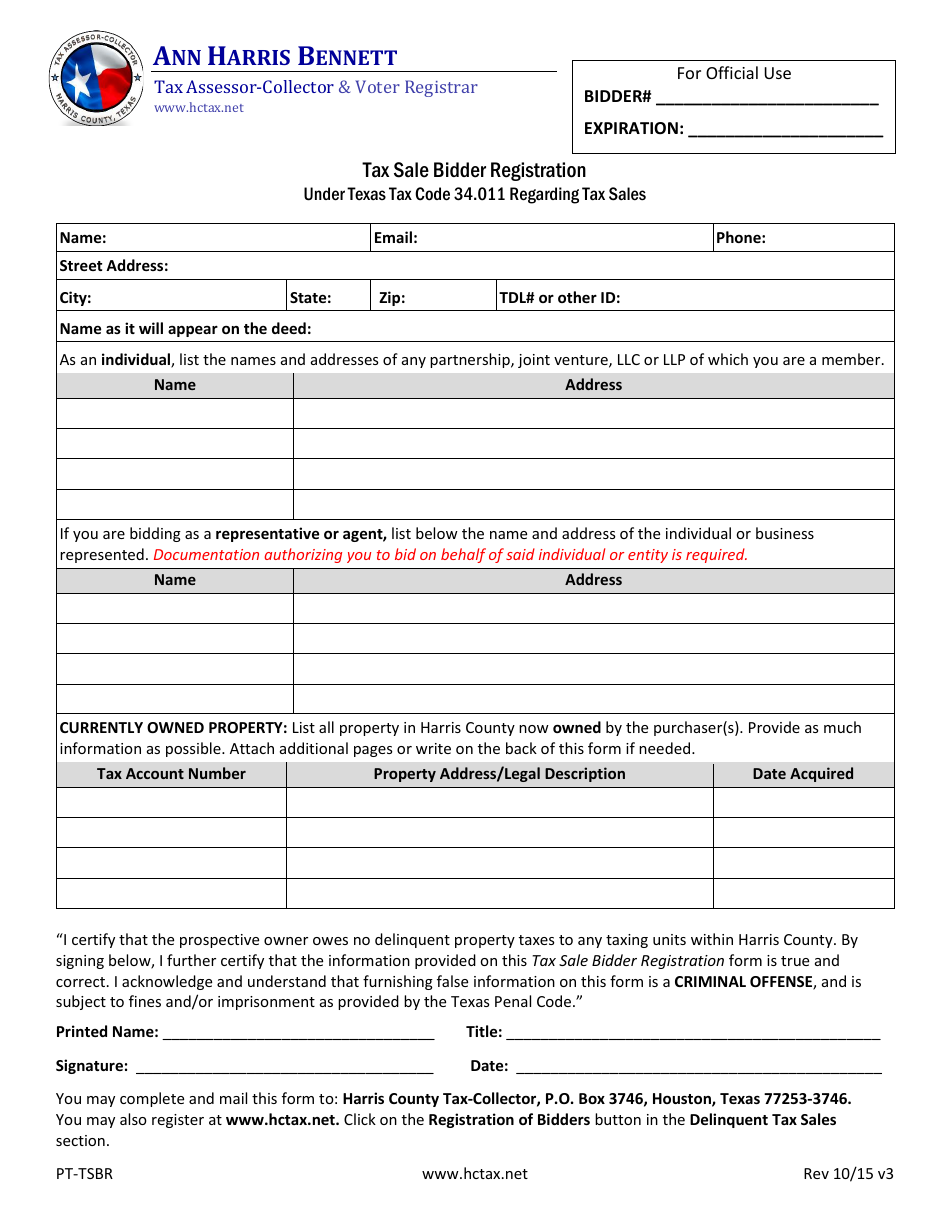 Form PT-TSBR - Fill Out, Sign Online and Download Fillable PDF, Harris ...
