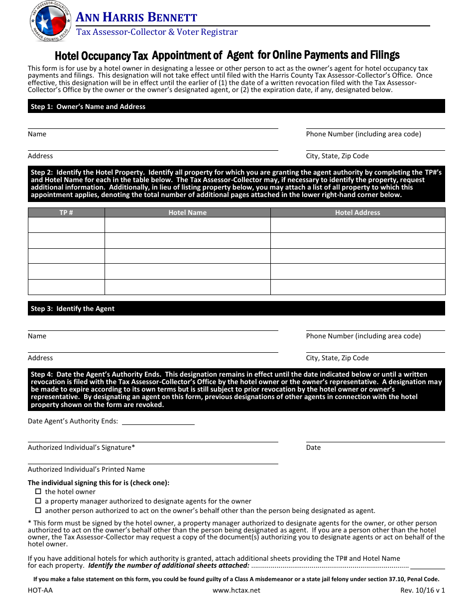Form HOT-AA - Fill Out, Sign Online and Download Fillable PDF, Harris ...