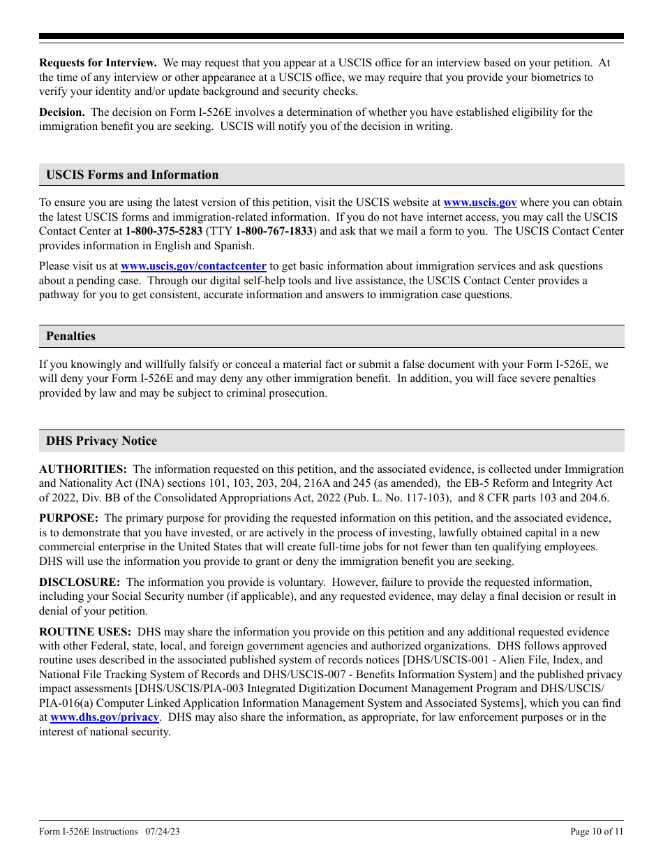 Download Instructions for USCIS Form I-526E Immigrant Petition by Regional Center Investor PDF ...
