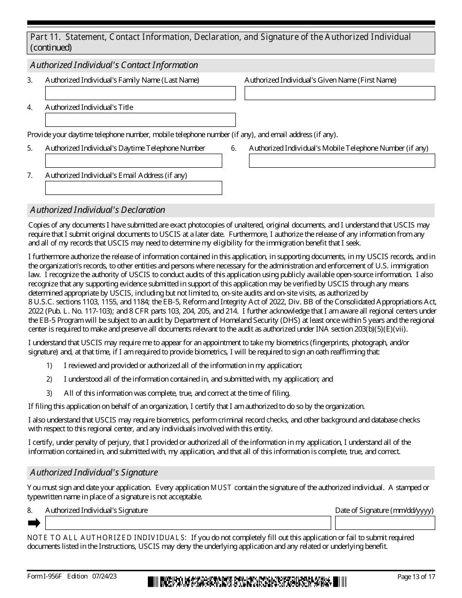 USCIS Form I-956F Download Fillable PDF or Fill Online Application for Approval of an Investment ...