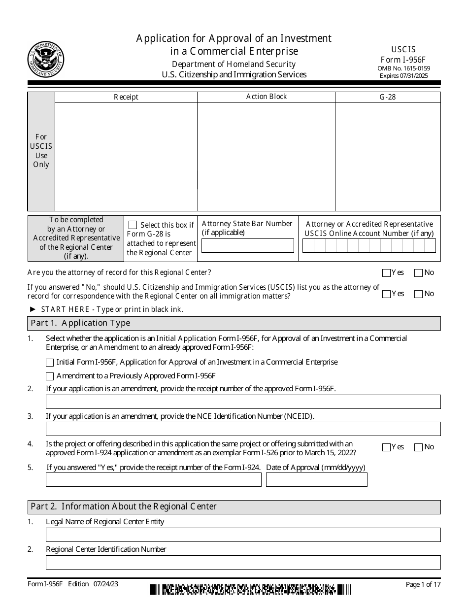 USCIS Form I-956F Download Fillable PDF or Fill Online Application for ...