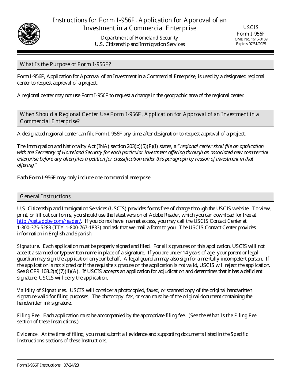 Download Instructions for USCIS Form I-956F Application for Approval of an Investment in a ...