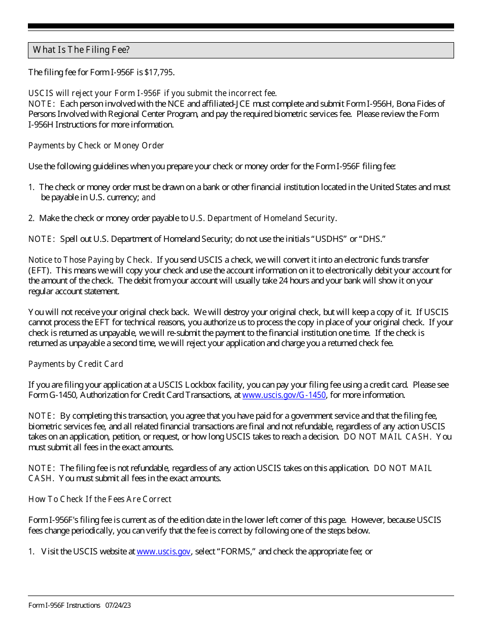 Download Instructions for USCIS Form I-956F Application for Approval of an Investment in a ...