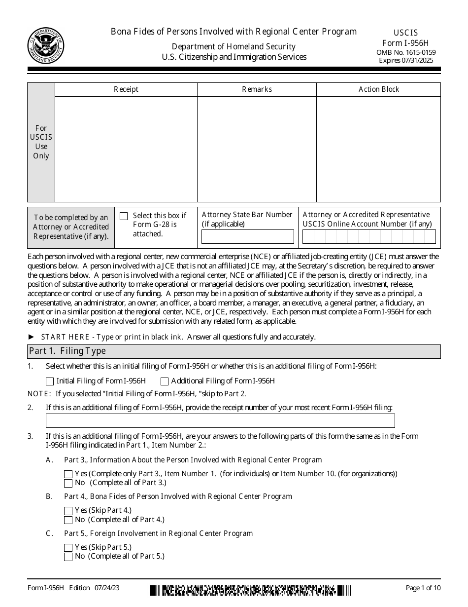USCIS Form I-956H Download Fillable PDF or Fill Online Bona Fides of ...
