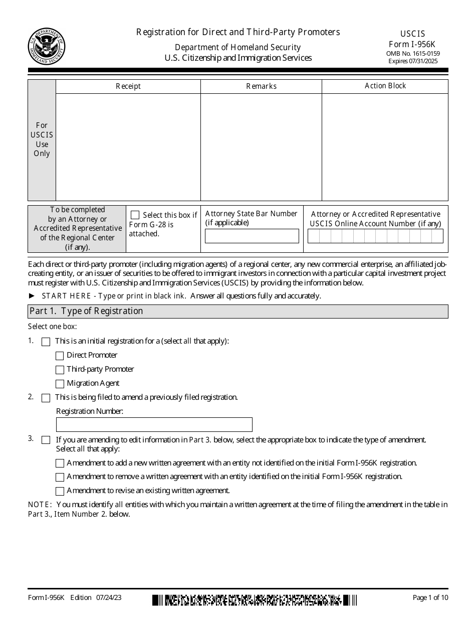 USCIS Form I-956K Download Fillable PDF or Fill Online Registration for ...