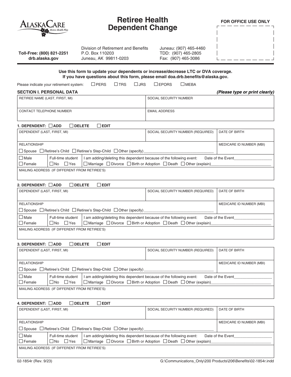Form 02-1854R Download Printable PDF or Fill Online Retiree Health ...