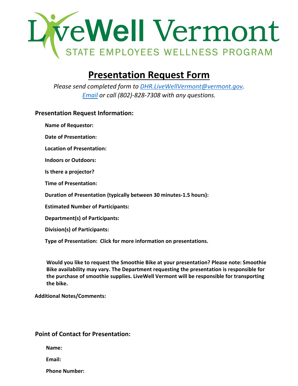 Vermont Presentation Request Form - Fill Out, Sign Online and Download PDF | Templateroller