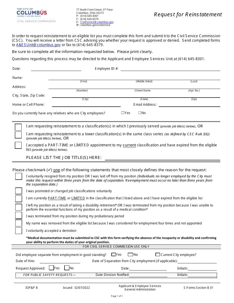 City of Columbus, Ohio Request for Reinstatement - Fill Out, Sign ...