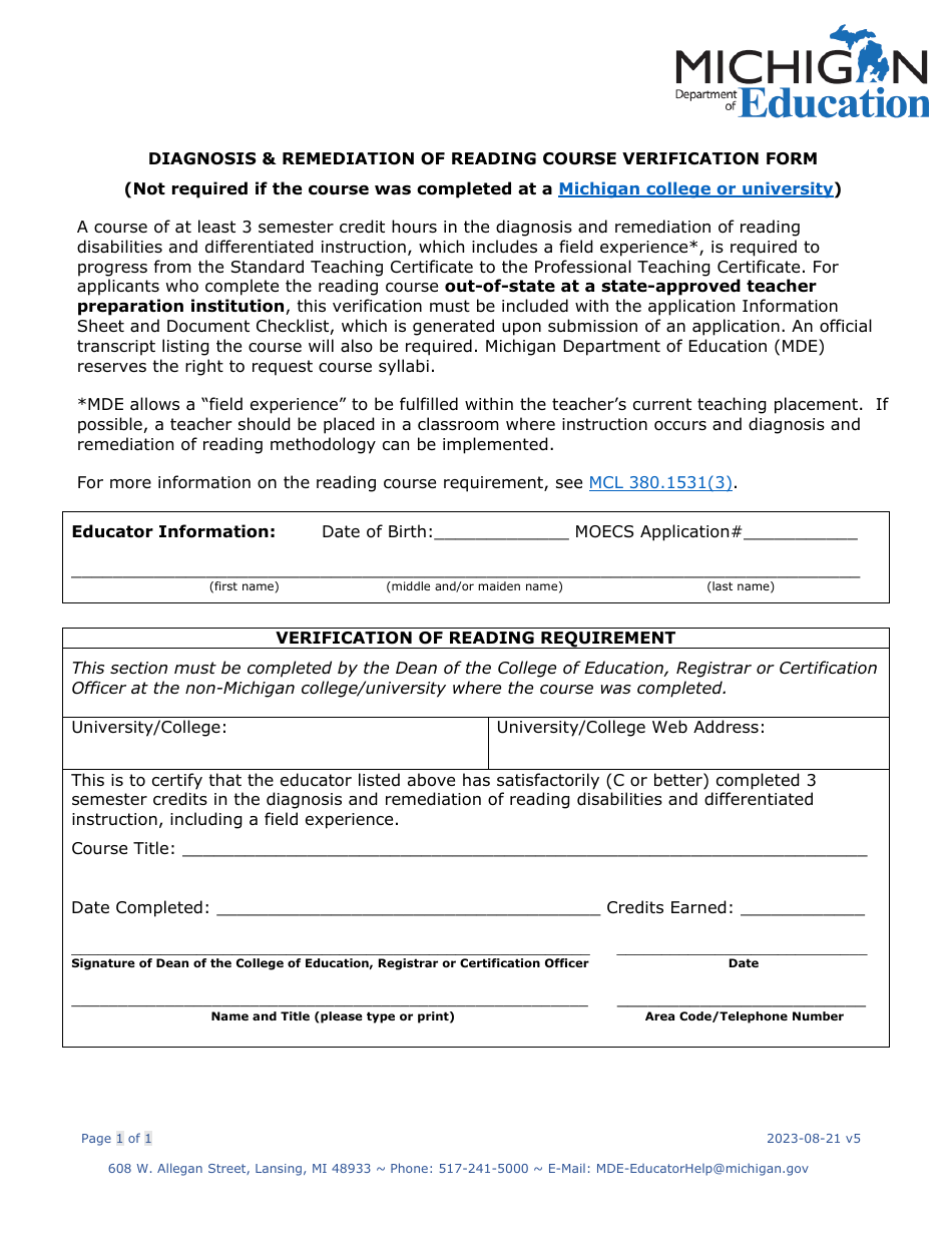 Michigan Diagnosis & Remediation of Reading Course Verification Form ...