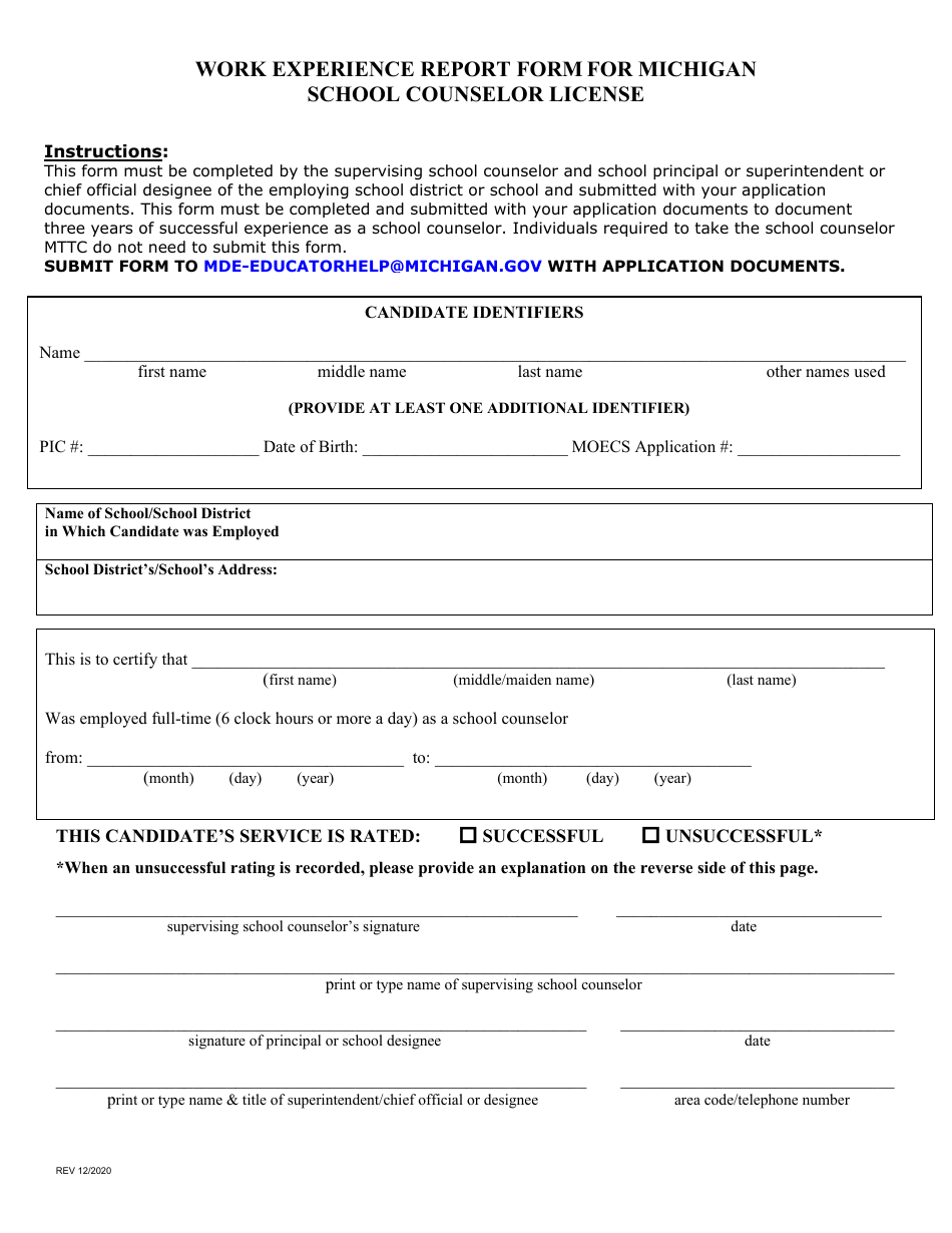 Michigan Work Experience Report Form for Michigan School Counselor ...