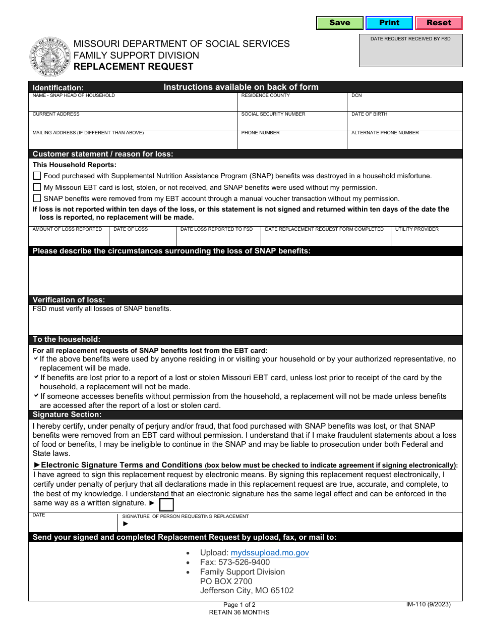 Form IM-110 Download Fillable PDF or Fill Online Replacement Request ...