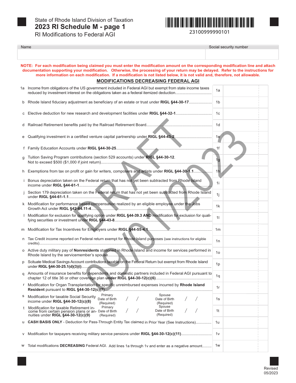 Schedule M Download Printable PDF or Fill Online Ri(modifications to ...