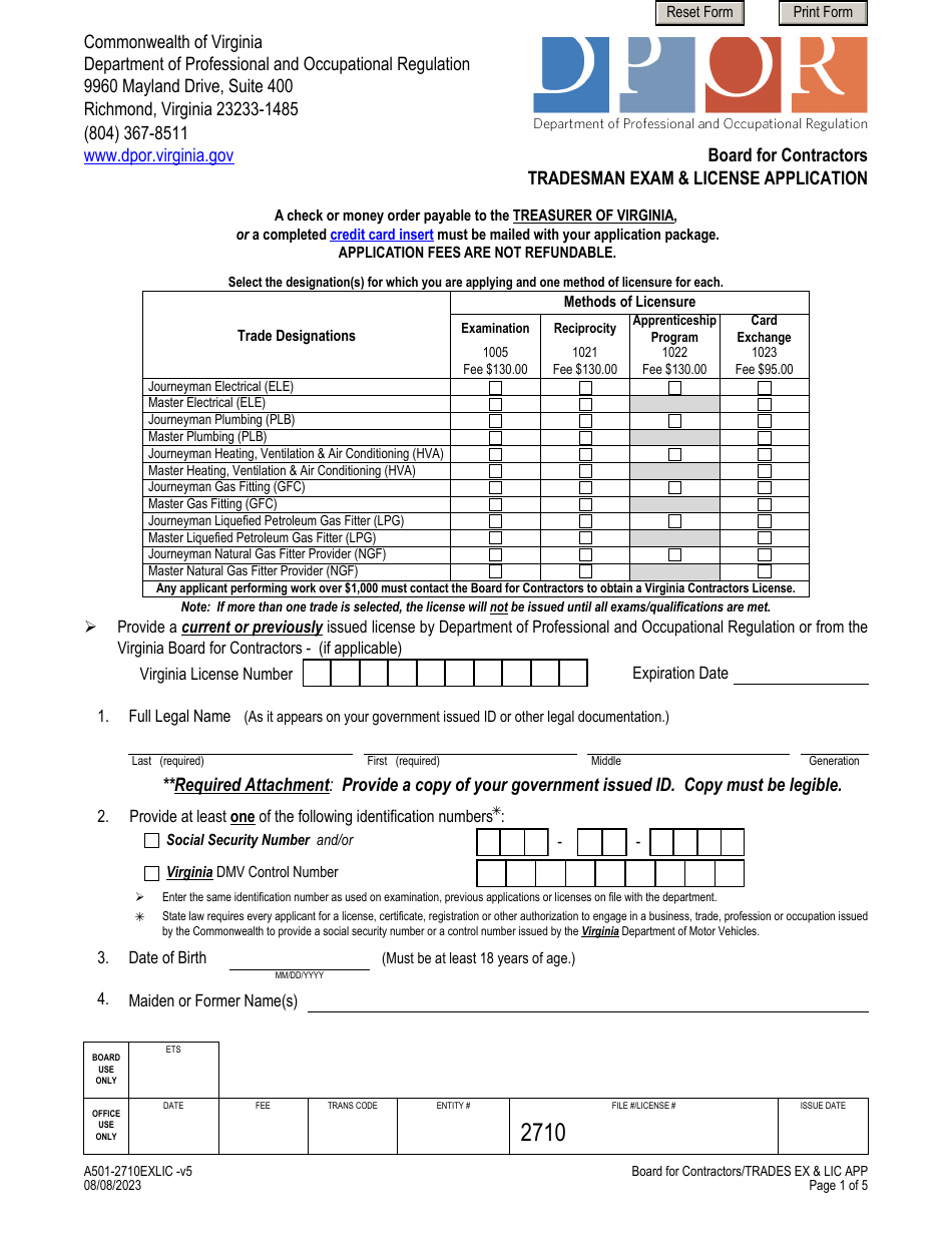 Form A501-2710EXLIC Download Fillable PDF or Fill Online Tradesman Exam ...