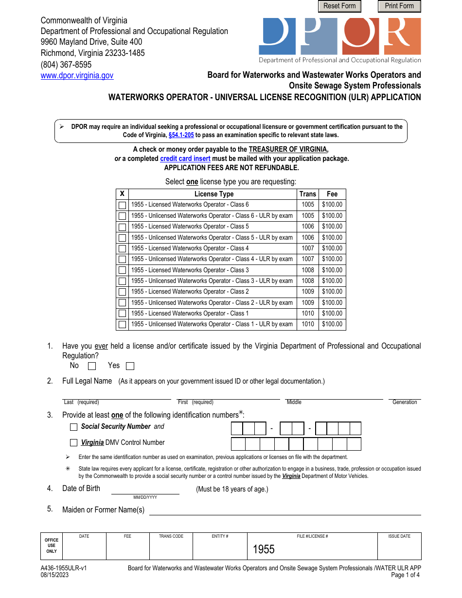 Form A436-1955ULR - Fill Out, Sign Online and Download Fillable PDF, Virginia | Templateroller