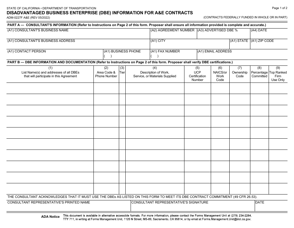 Form ADM-0227F A&E Download Fillable PDF or Fill Online Disadvantaged ...