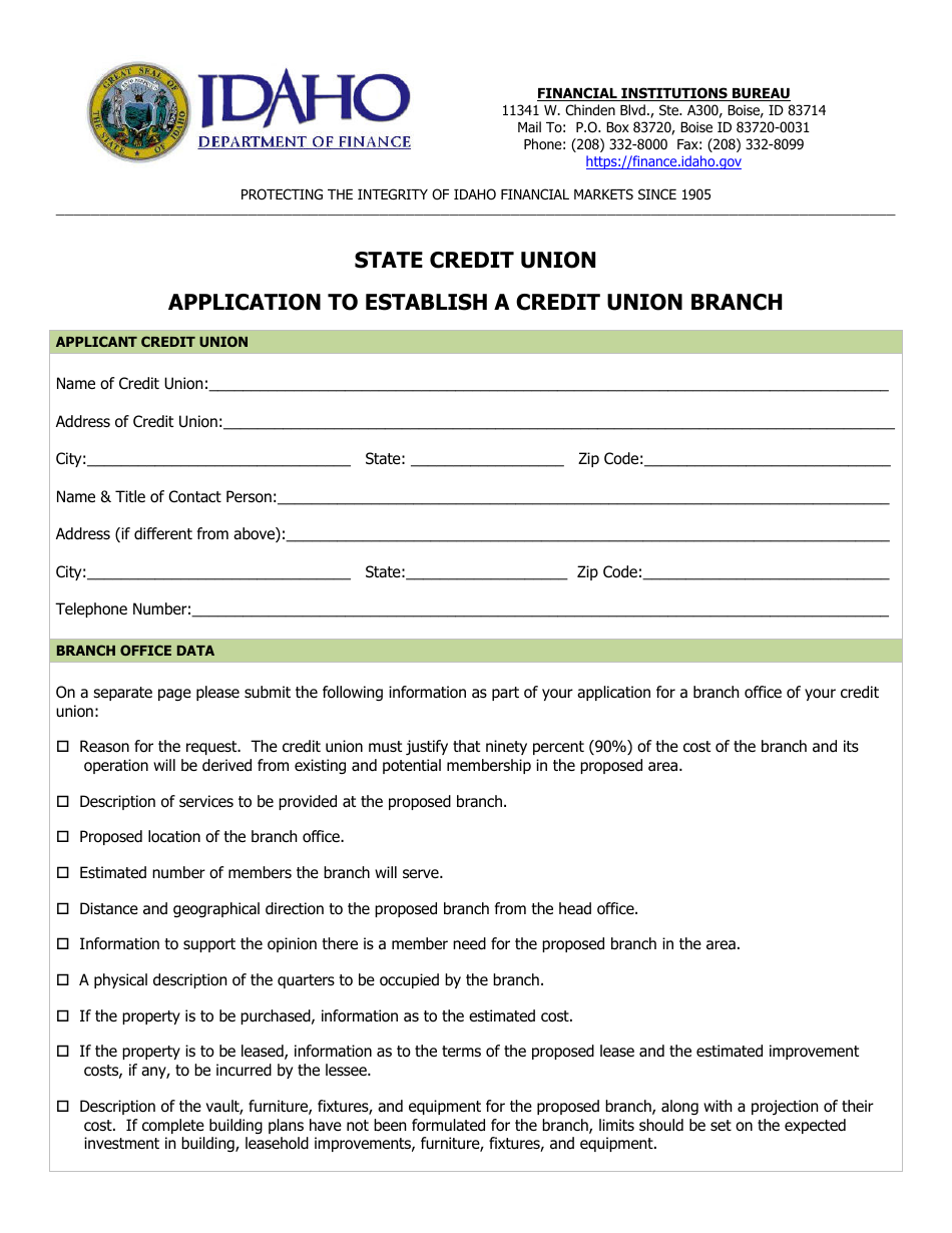 Idaho Application to Establish a Credit Union Branch - Fill Out, Sign ...