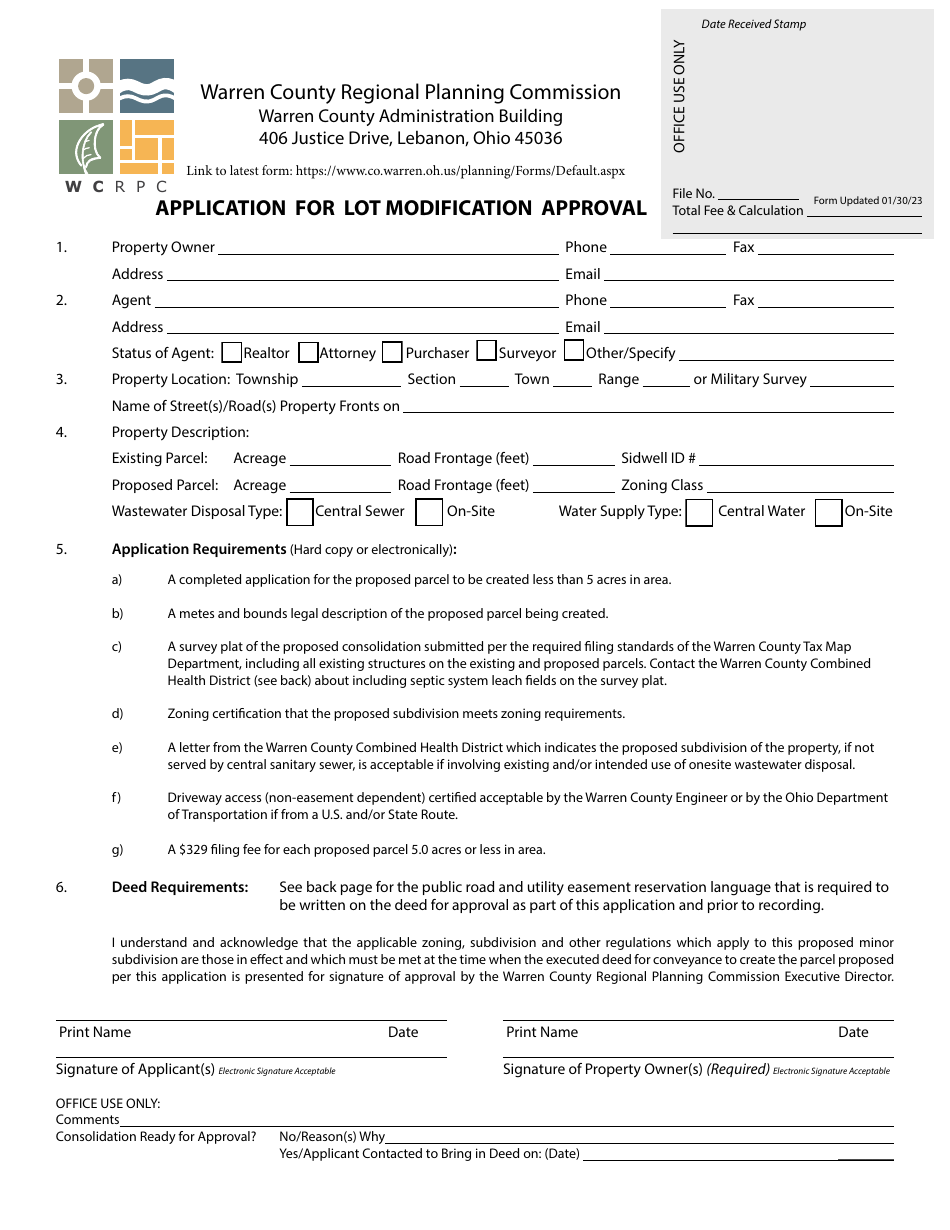 Warren County, Ohio Application for Lot Modification Approval - Fill ...