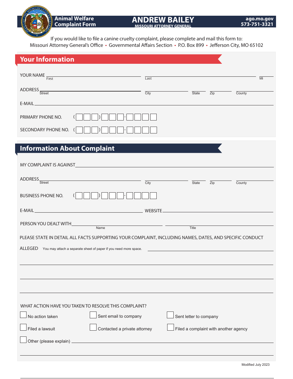 Missouri Animal Welfare Complaint Form - Fill Out, Sign Online and ...