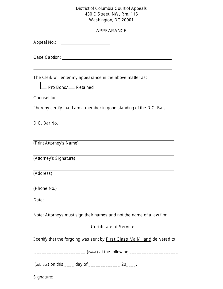 Washington, D.C. Appearance Form - Fill Out, Sign Online and Download ...