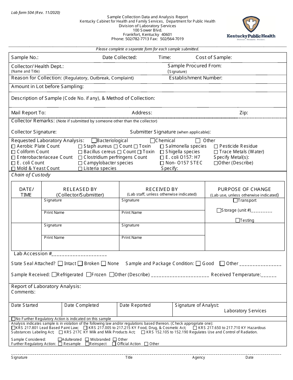 Lab Form 504 Download Printable PDF or Fill Online Sample Collection ...