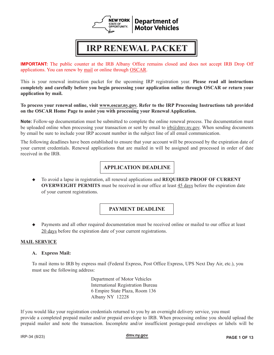 Form IRP-34 Download Printable PDF or Fill Online Irp Renewal Packet ...