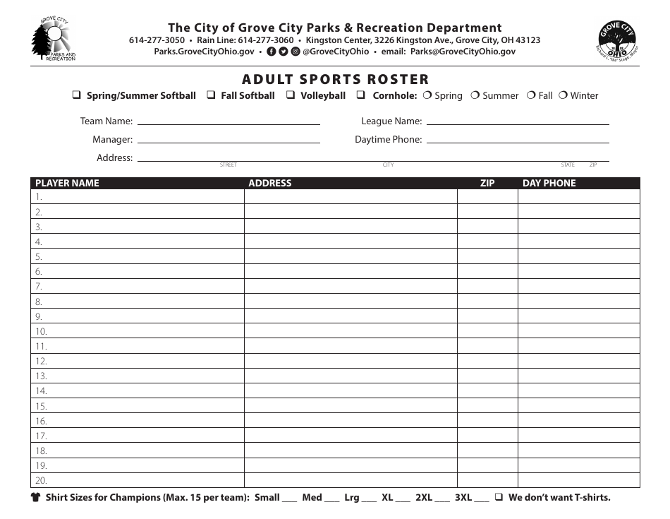 City of Grove City, Ohio Adult Sports Roster - Fill Out, Sign Online ...