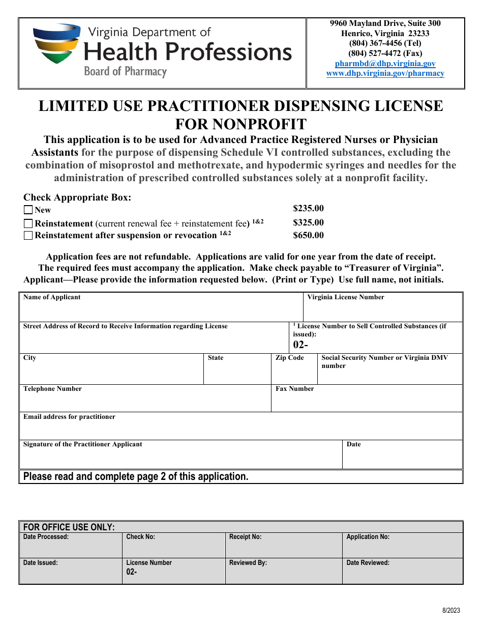 Virginia Limited Use Practitioner Dispensing License for Nonprofit ...