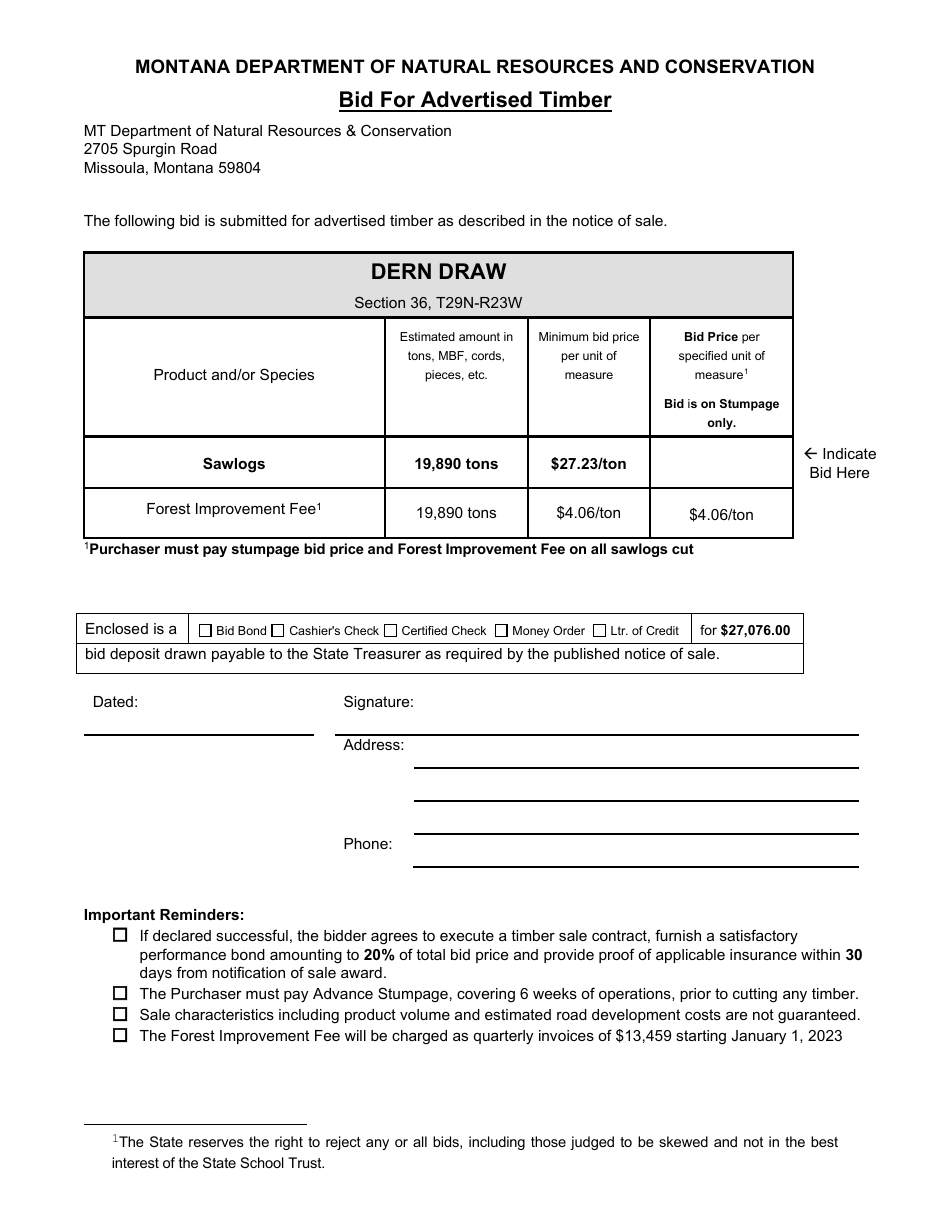 Montana Bid for Advertised Timber - West and Pieces - Fill Out, Sign ...