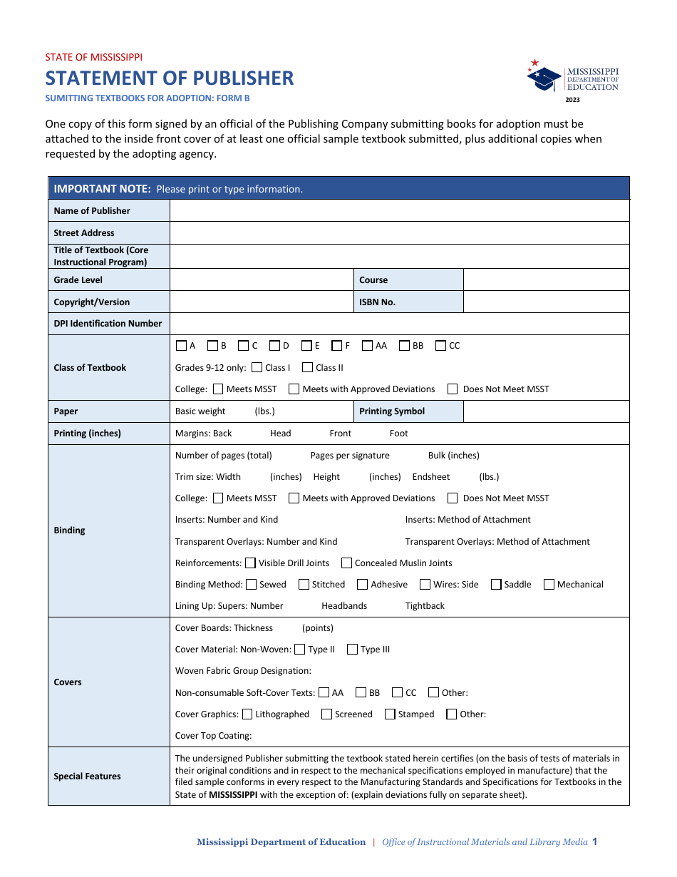 Form B - Fill Out, Sign Online and Download Printable PDF, Mississippi ...
