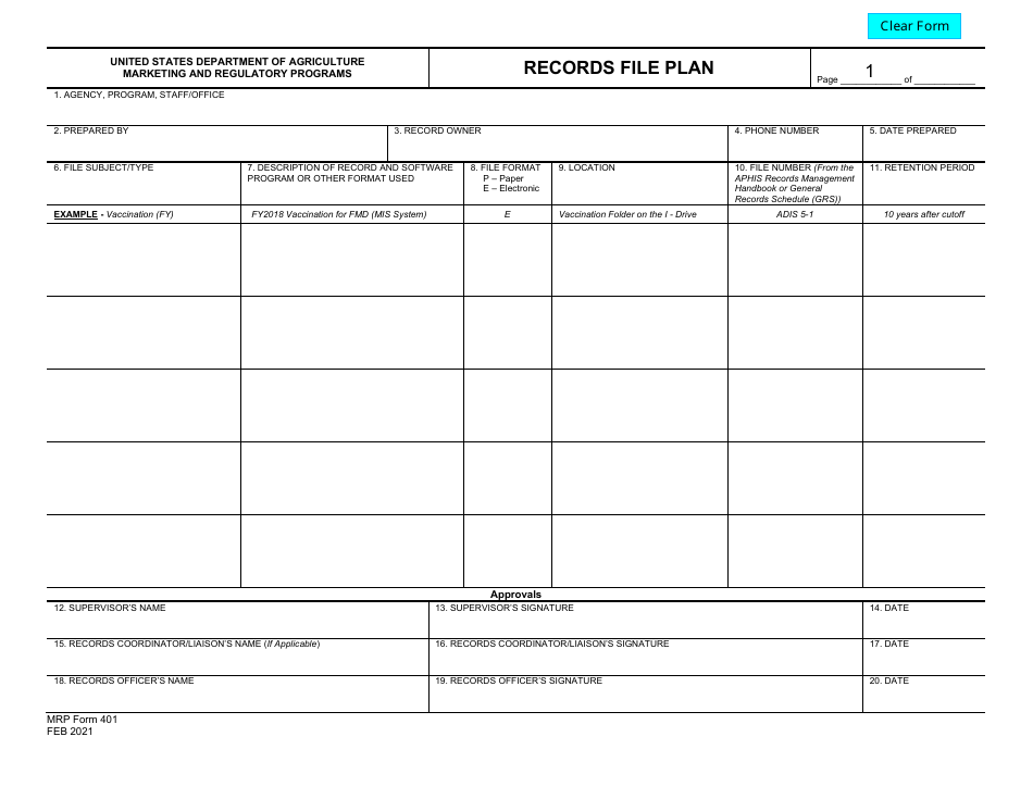 MRP Form 401 Download Fillable PDF or Fill Online Records File Plan ...