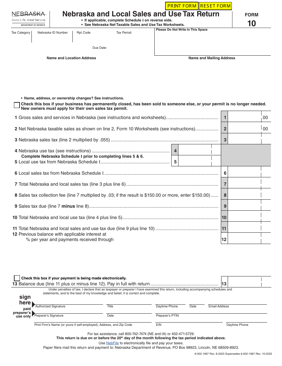 Form 10 - Fill Out, Sign Online and Download Fillable PDF, Nebraska ...