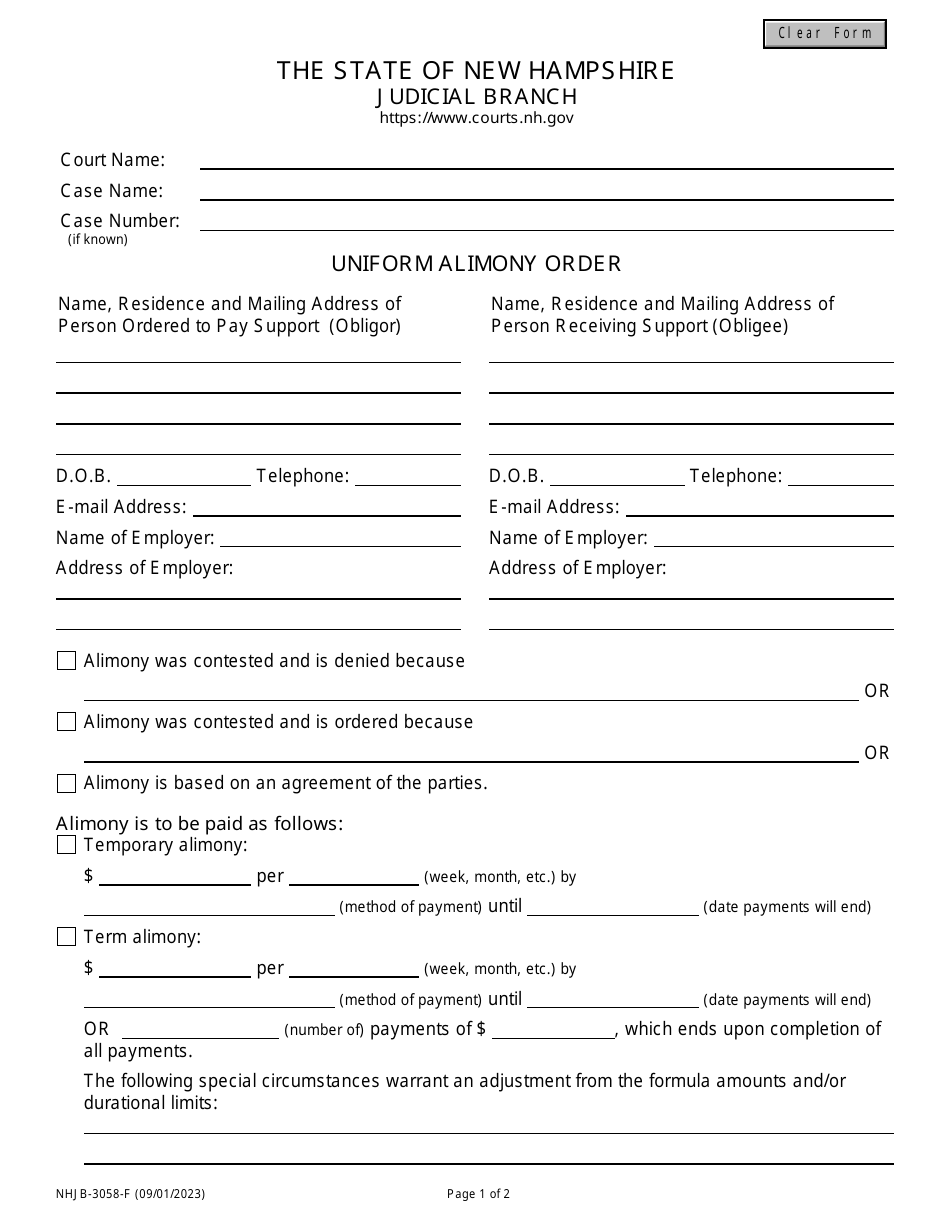 Form NHJB-3058-F Download Fillable PDF or Fill Online Uniform Alimony ...